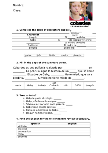 Cobardes (2008) - Spanish Film Worksheet | Teaching Resources