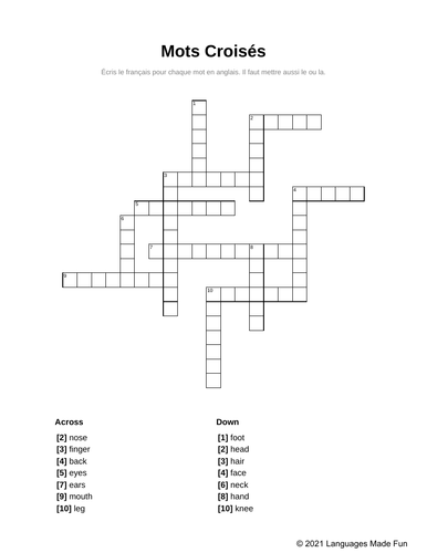 French Crossword on Body Parts | Teaching Resources