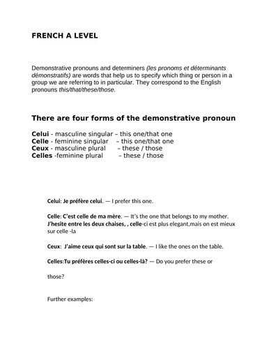 A* A level French - demonstrative pronouns revision sheet , celui ...