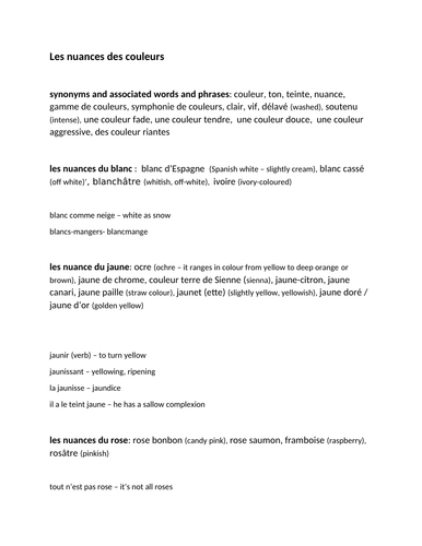 A* A level French vocabulary builder-ambitious vocabulary COLOURS ...