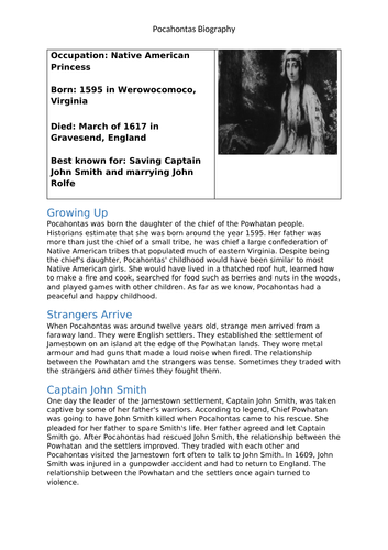 The Real Pocahontas Biography: Reading Comprehension Lesson | Teaching ...