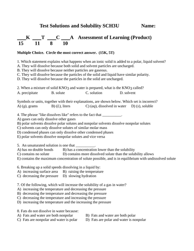 Solution and Solubility Quiz and Test Package Grade 11 Chemistry Test ...