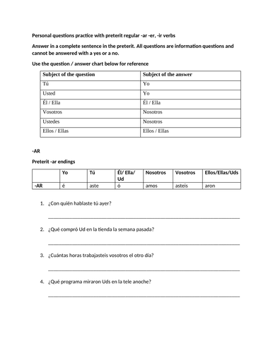 Preterit regular verbs personal questions practice | Teaching Resources