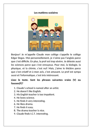 Les matières scolaires / School subjects | Teaching Resources
