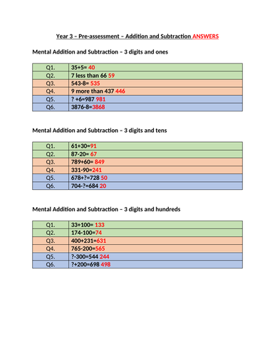 Pre-assessment Questions for Number - Addition and Subtraction - Year 3 ...
