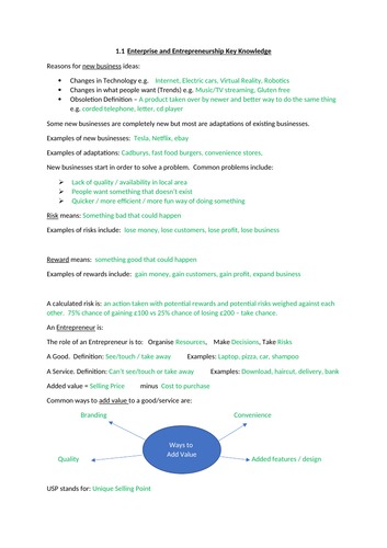 GCSE (9-1) Business Revision 1.1 +1.2 Edexcel | Teaching Resources
