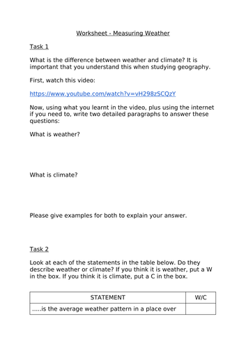 Remote Learning - Measuring Weather - KS3 Geography | Teaching Resources