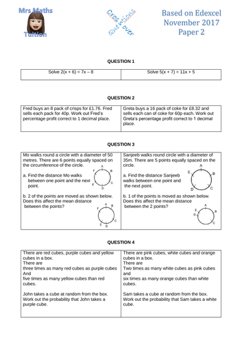 Crossover Questions worksheet based on Edexcel Maths GCSE Maths ...