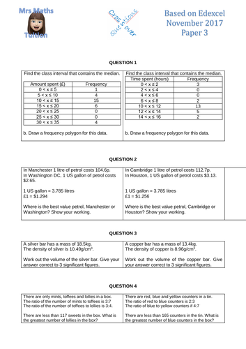Crossover Questions worksheet based on Edexcel Maths GCSE Maths ...