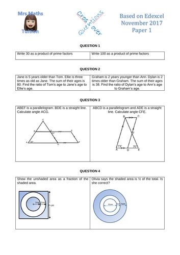 Crossover Questions worksheet based on Edexcel Maths GCSE Maths ...