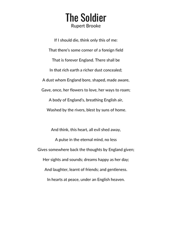 The Soldier by Rupert Brooke 3 Lessons Unit of Work World War 1 Poetry ...