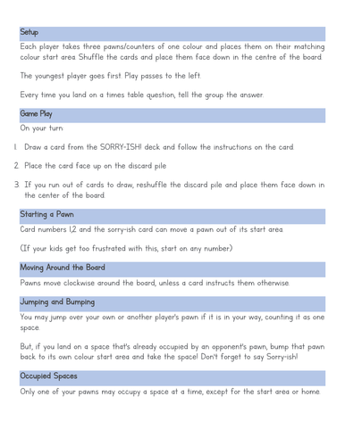 Times Tables Board Games: x2-x12 Sorry-ish (in the style of Sorry ...