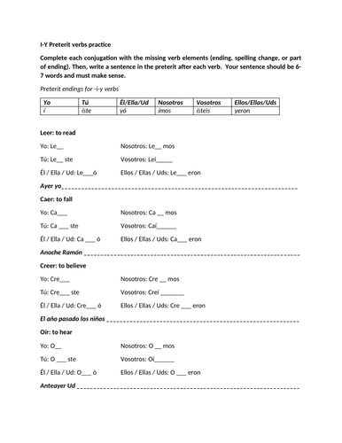 I-Y verbs preterit tense practice | Teaching Resources