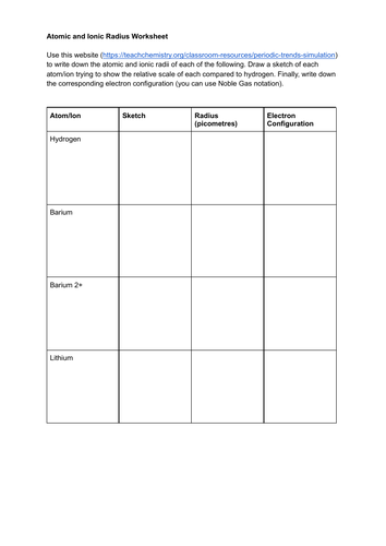 Chemistry - Atomic and Ionic Radii | Teaching Resources