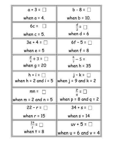 Substitute Numerical Values into Expressions Task Cards | Teaching ...