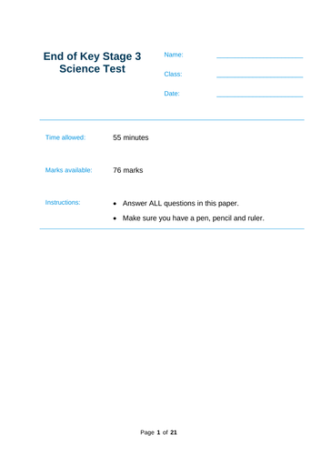 End of KS3 Science Test - HIGHER LEVEL | Teaching Resources