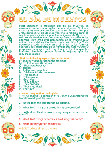 Día de los muertos reading activity | Teaching Resources