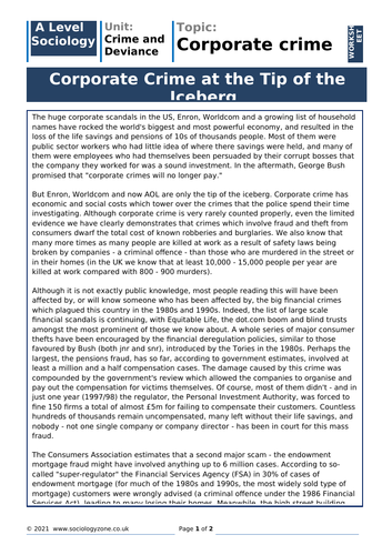 AQA A Level Sociology: White collar / Corporate Crimes | Teaching Resources