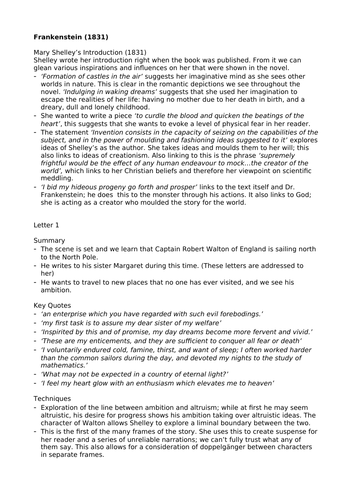 Frankenstein summary document | Teaching Resources