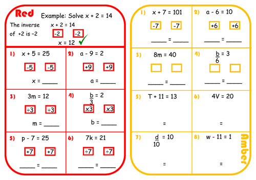 Solving One-Step Equations Scaffolded Differentiated RAGE Sheet ...