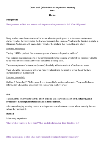 Grant (1998) Context dependent memory - PowerPoint and Workbook ... Grant (1998) Context dependent memory - PowerPoint and Workbook ...
