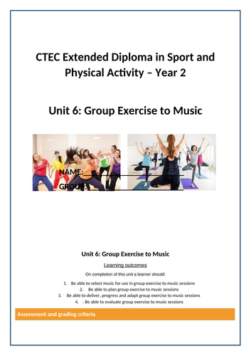 CTEC Sport Unit 6 Group Exercise to Music Workbook | Teaching Resources