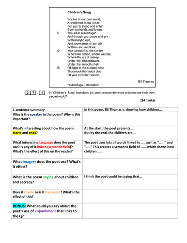 Unseen Poetry Scaffolded Worksheet | Teaching Resources