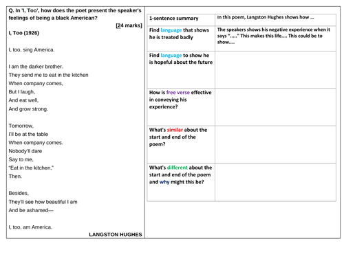 AQA Unseen Poetry 'I, Too...' Scaffolded Analysis | Teaching Resources