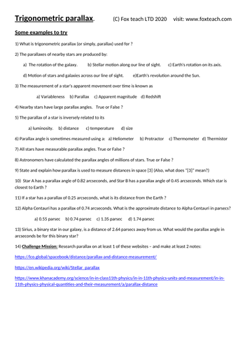 Trigonometric parallax, parallax, AU etc. A level Physics | Teaching ...