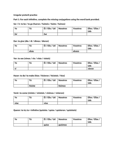 Preterit irregular verbs mini practice | Teaching Resources