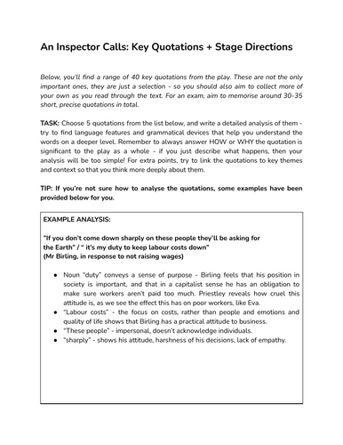 40 Key Quotes + 11 Stage Directions - An Inspector Calls | Teaching ...