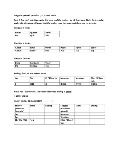 Irregular preterit I U J stem verbs practice | Teaching Resources