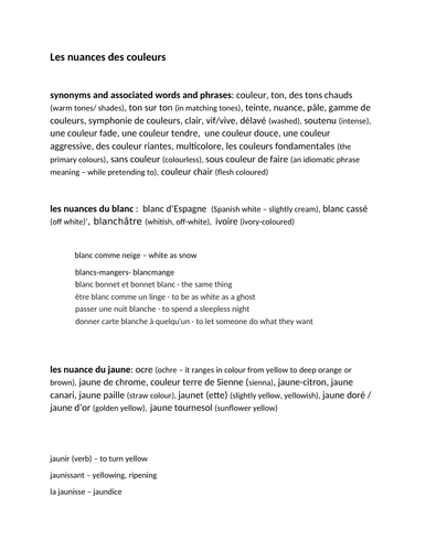 A level revision / lesson plan Les Couleurs and their nuances ...