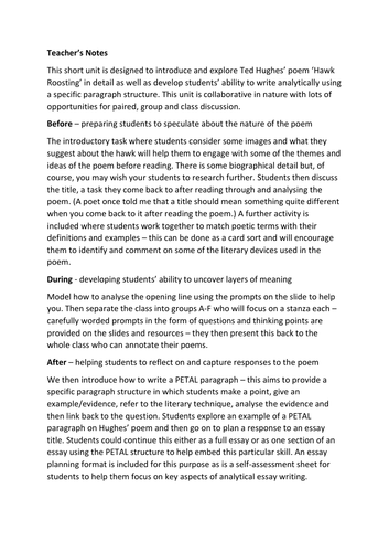 Teaching English: Poetry Unit - Ted Hughes' 'Hawk Roosting' | Teaching ...