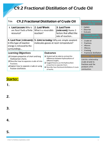 KS4 GCSE C9.2 Fractional Distillation of Crude Oil (2021) S.T.A.R ...