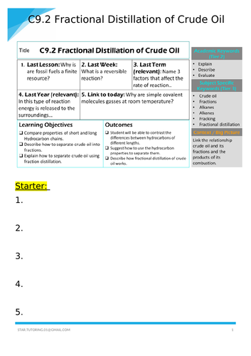 KS4 GCSE C9.2 Fractional Distillation of Crude Oil (2021) S.T.A.R ...
