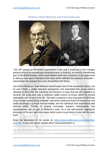 19th Century Poetry Study Activity: Walt Whitman and Emily Dickinson ...