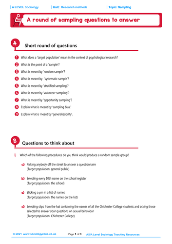 AQA Sociology: Research Methods: Sampling Techniques | Teaching Resources