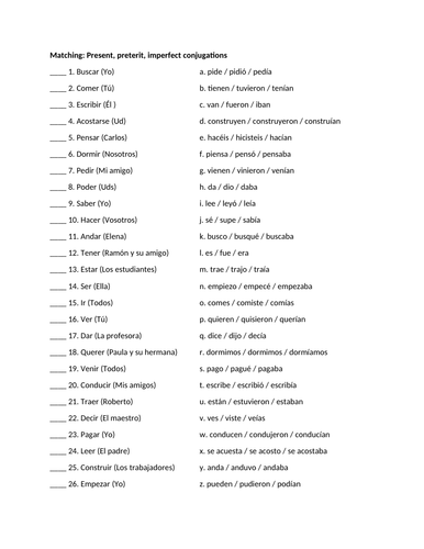 Matching: Present, preterit, and imperfect tenses conjugations ...
