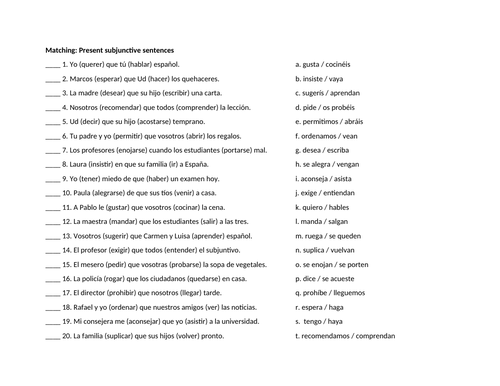 Present subjunctive sentences matching practice | Teaching Resources