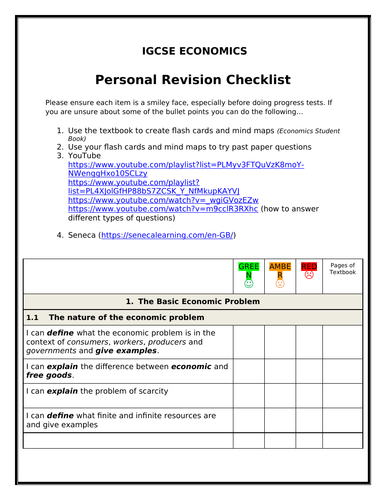 CIE Economics 455 International GCSE - Y10 and Y11 Revision Checklist ...