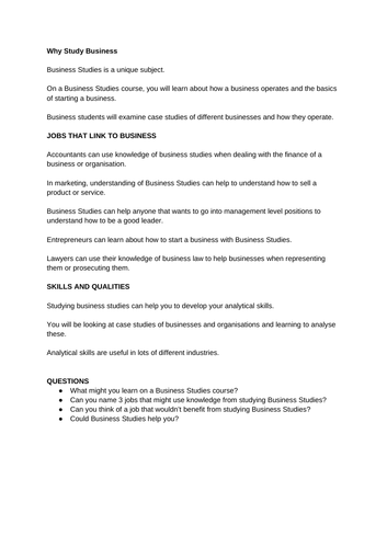 Why Study Business - Options session | Teaching Resources