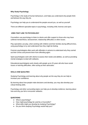 Why study Psychology | Teaching Resources
