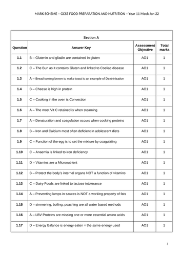 AQA Food Preparation and Nutrition Year 10 or 11 Mock paper | Teaching ...