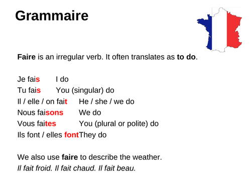 Faire (Present tense) | Teaching Resources