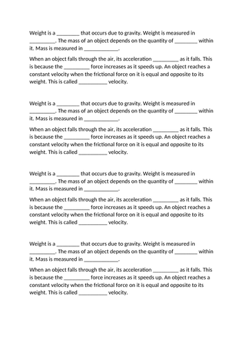 AQA GCSE Physics P10.02 Weight and terminal velocity | Teaching Resources