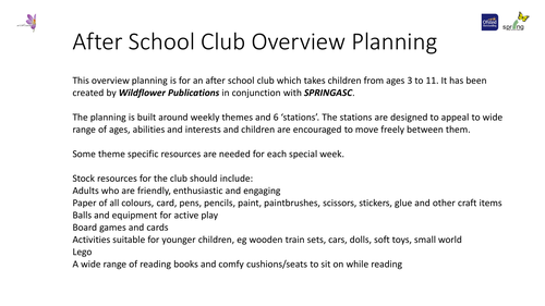 After School Club Themed Overview Planning | Teaching Resources