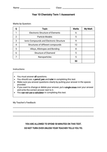 Y10 Chemistry Assessment: Bonding & Structure | Teaching Resources