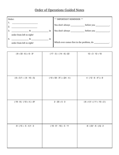 Order of Operations Guided Notes | Teaching Resources