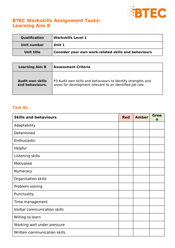 BTEC Level 1 Workskills 2021: Unit 1: Lesson 13 - Learning Aim B Write ...